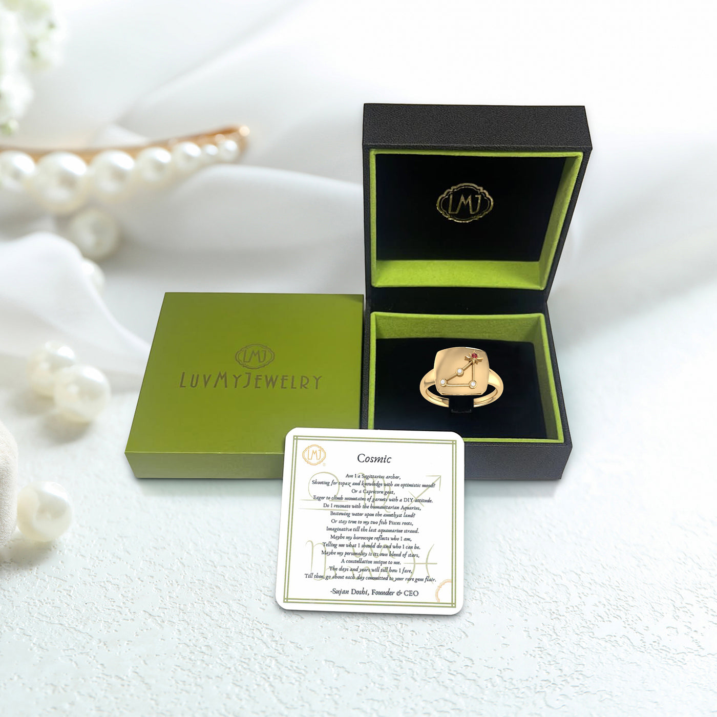 Capricorn Goat Garnet & Diamond Constellation Signet Ring in Capricorn Goat Garnet & Diamond Constellation Signet Ring in