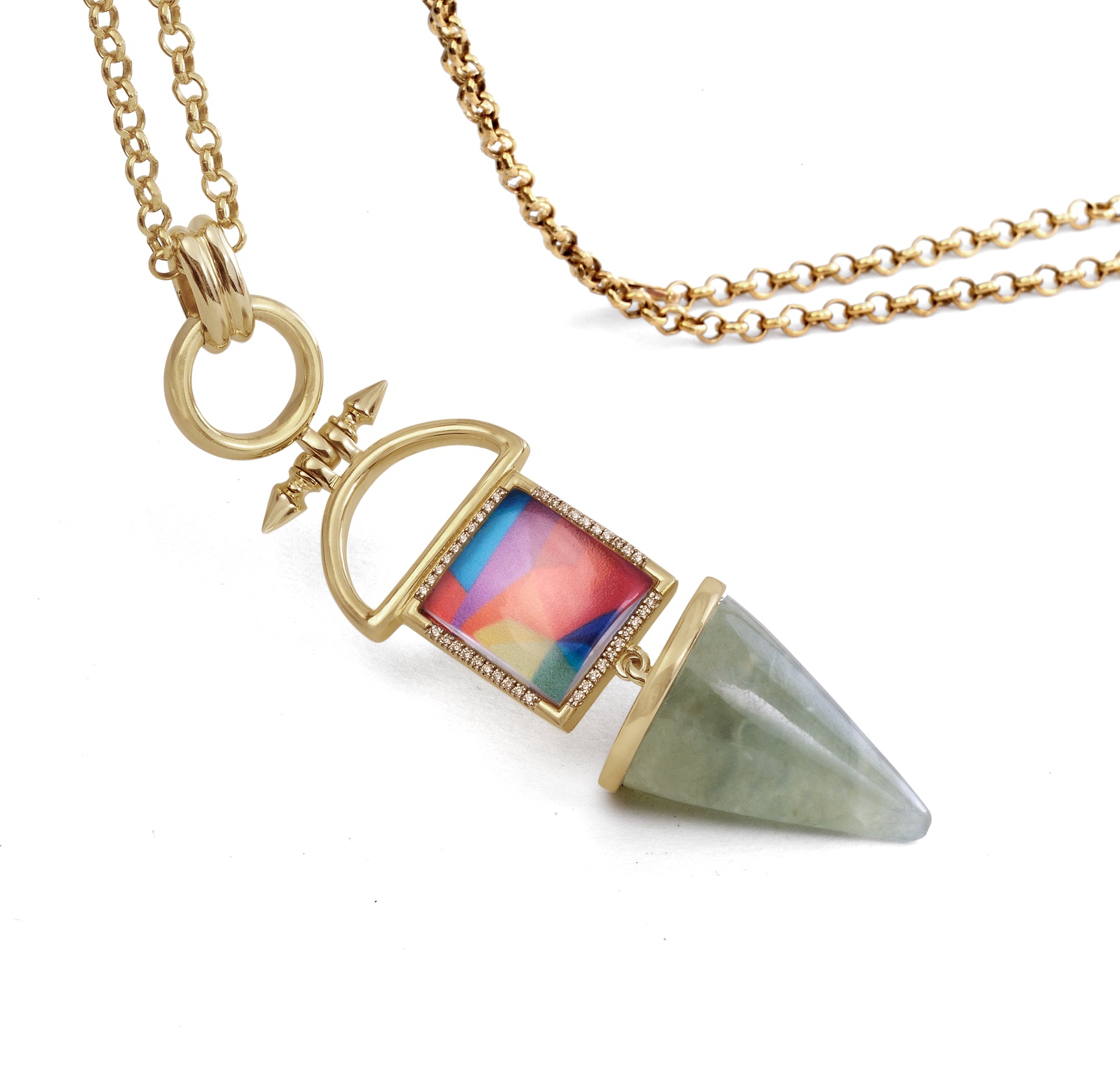 Splashy Flashy Prehnite & Diamond Mosaic Necklace in 14K Yellow Gold P ...