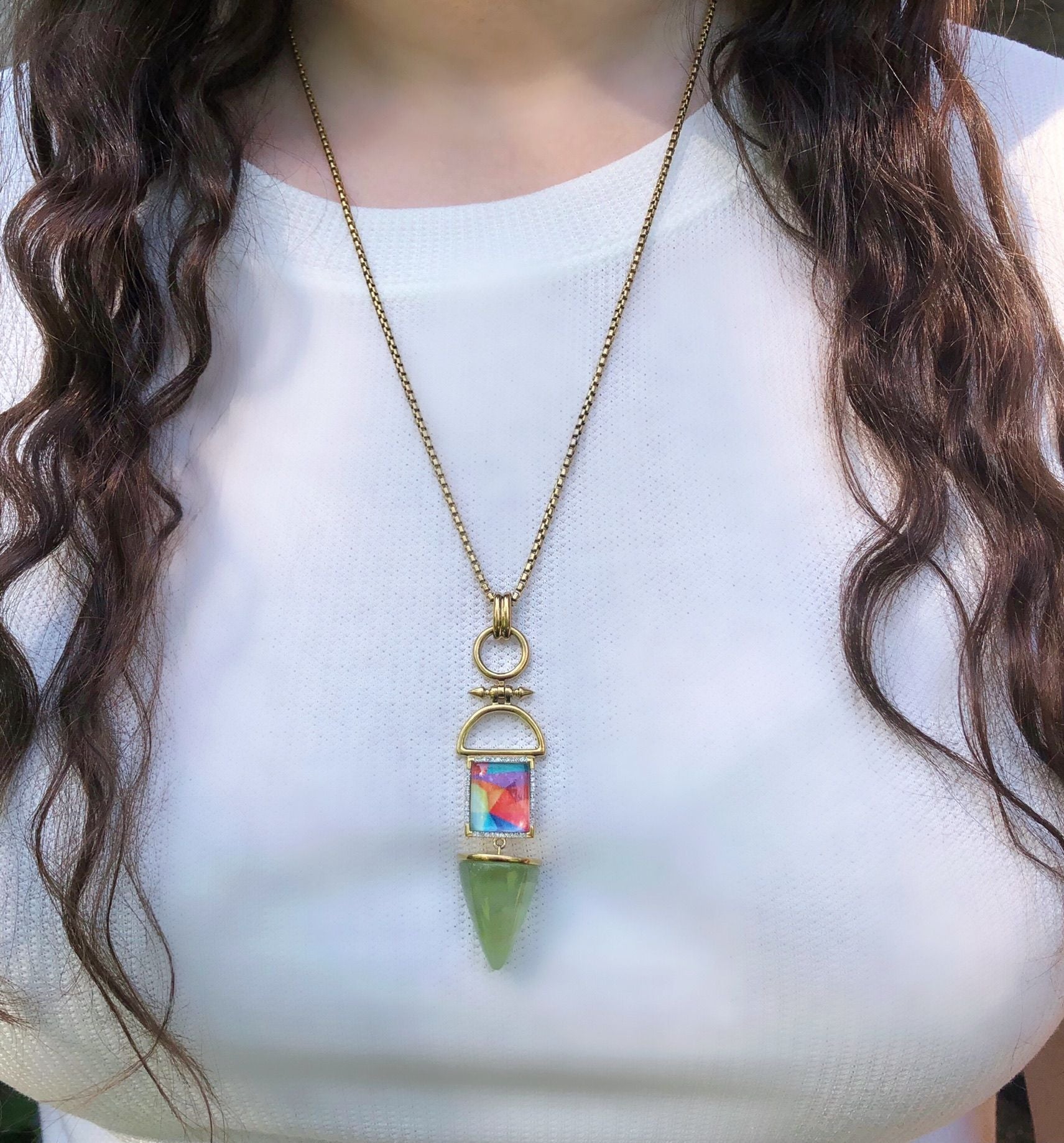 Splashy Flashy Prehnite & Diamond Mosaic Necklace in 14K Yellow Gold P ...