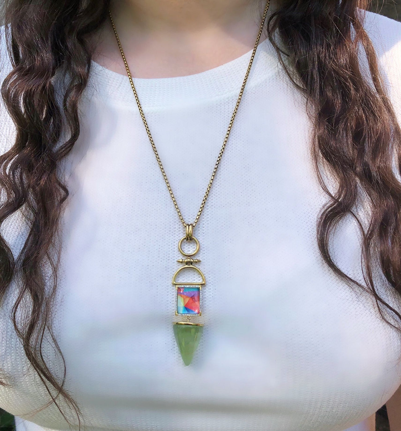 Splashy Flashy Prehnite & Diamond Mosaic Necklace in 14K Yellow Gold P ...